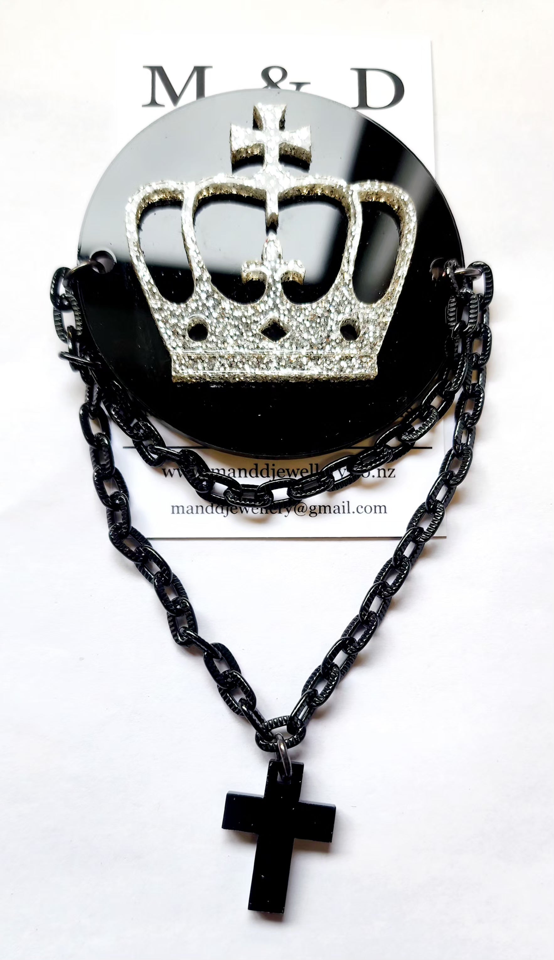 Brooch Disc with Crown Layer and chain detail – M and D Jewellery